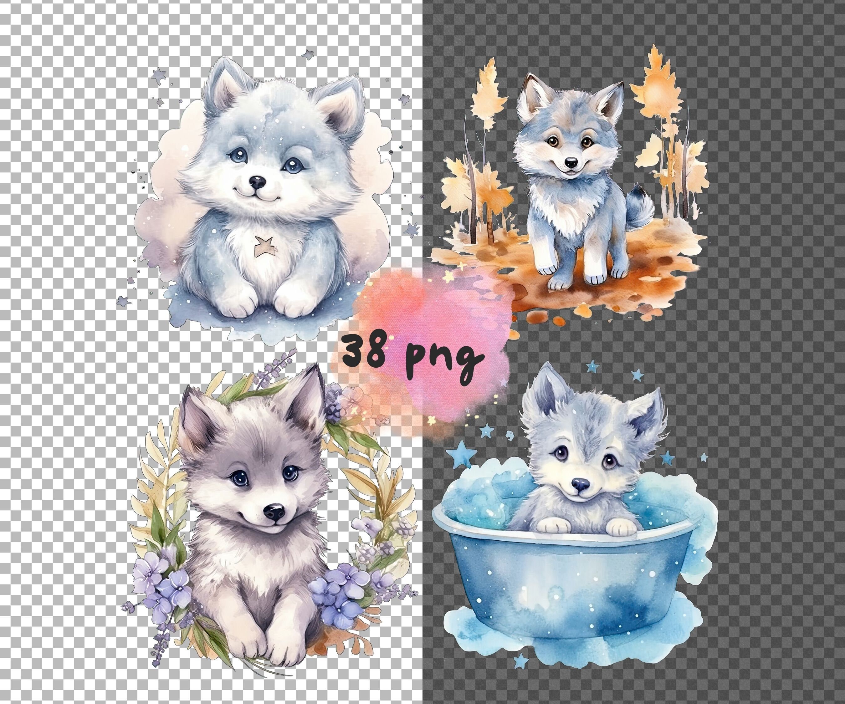 Chubby Baby Wolf Watercolor Clipart Cute Kawaii Cartoon Puppy Wolves ...
