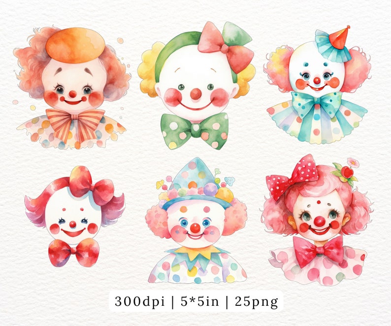 Watercolor Baby Clown Clipart, Cute Cartoon Pastel Carnival Clown ...