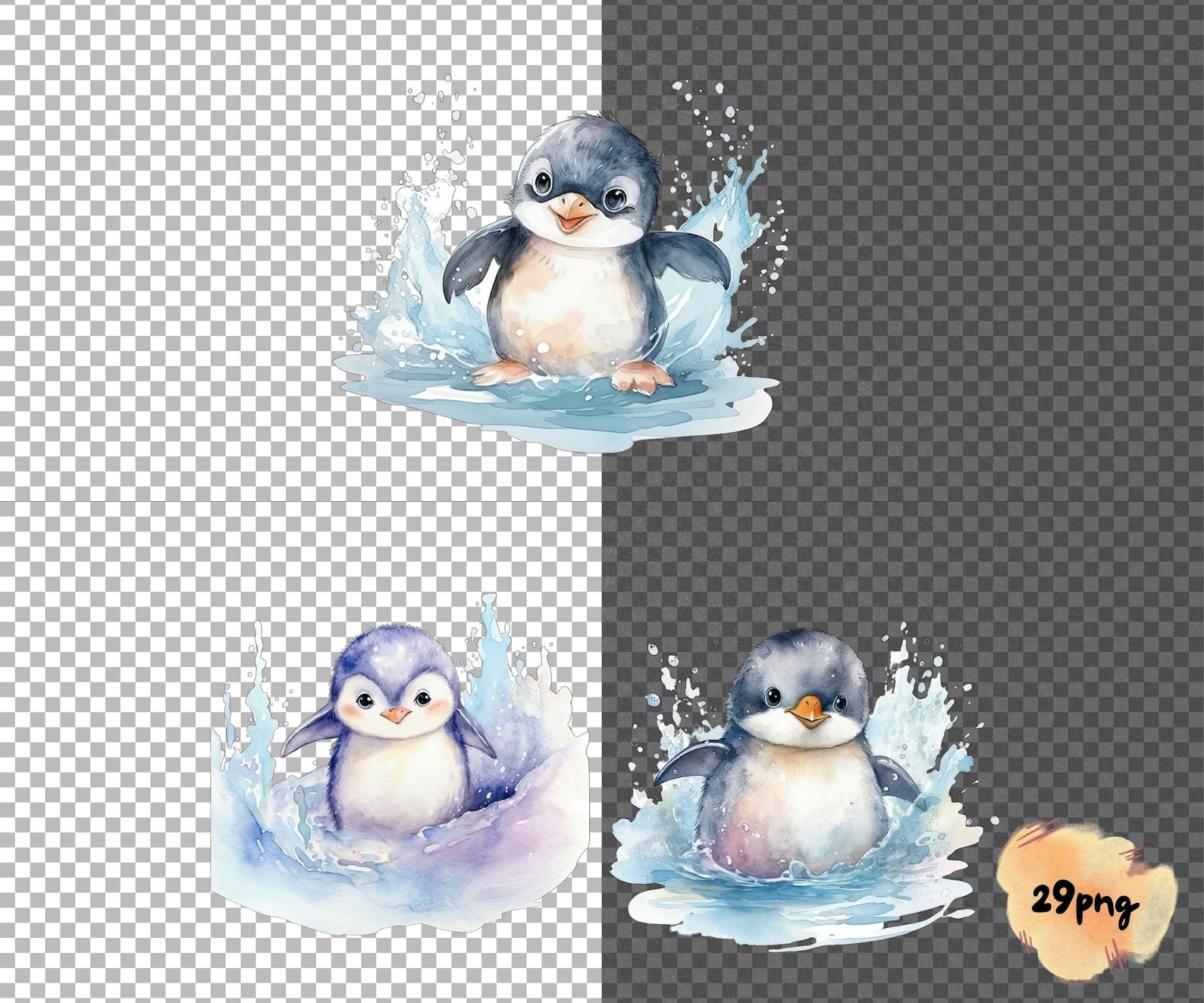 Chubby Penguins Watercolor Clipart Cute Kawaii Cartoon Penguins, Baby ...