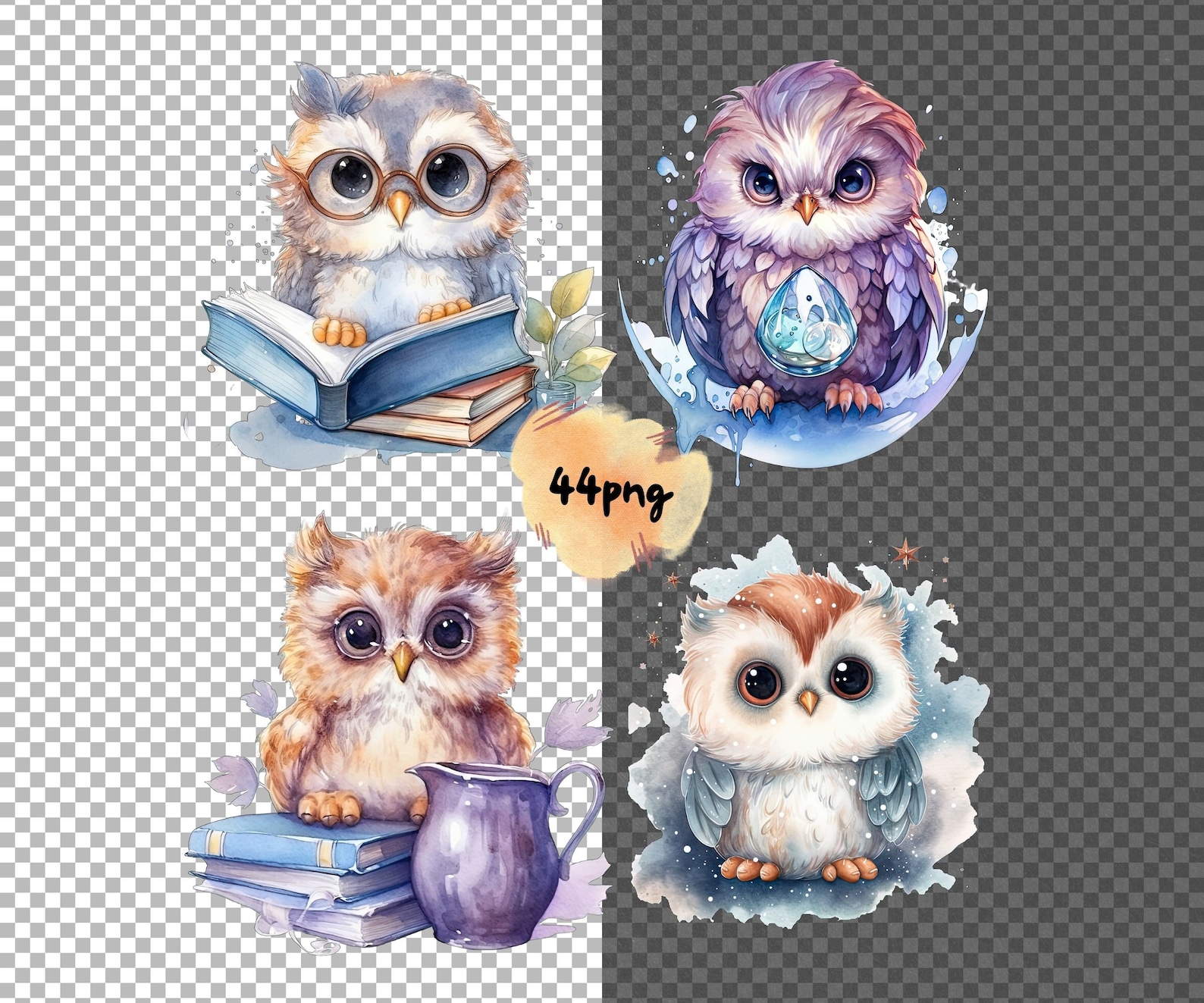 Chubby Owls Watercolor Clipart - Cute Kawaii Cartoon Owls, Baby Owls ...