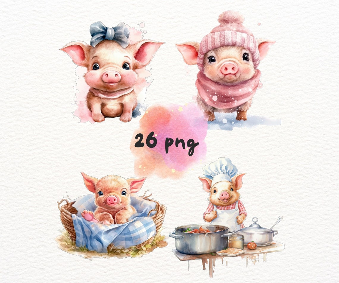 Chubby Piglets Watercolor Clipart Cute Kawaii Cartoon - Etsy