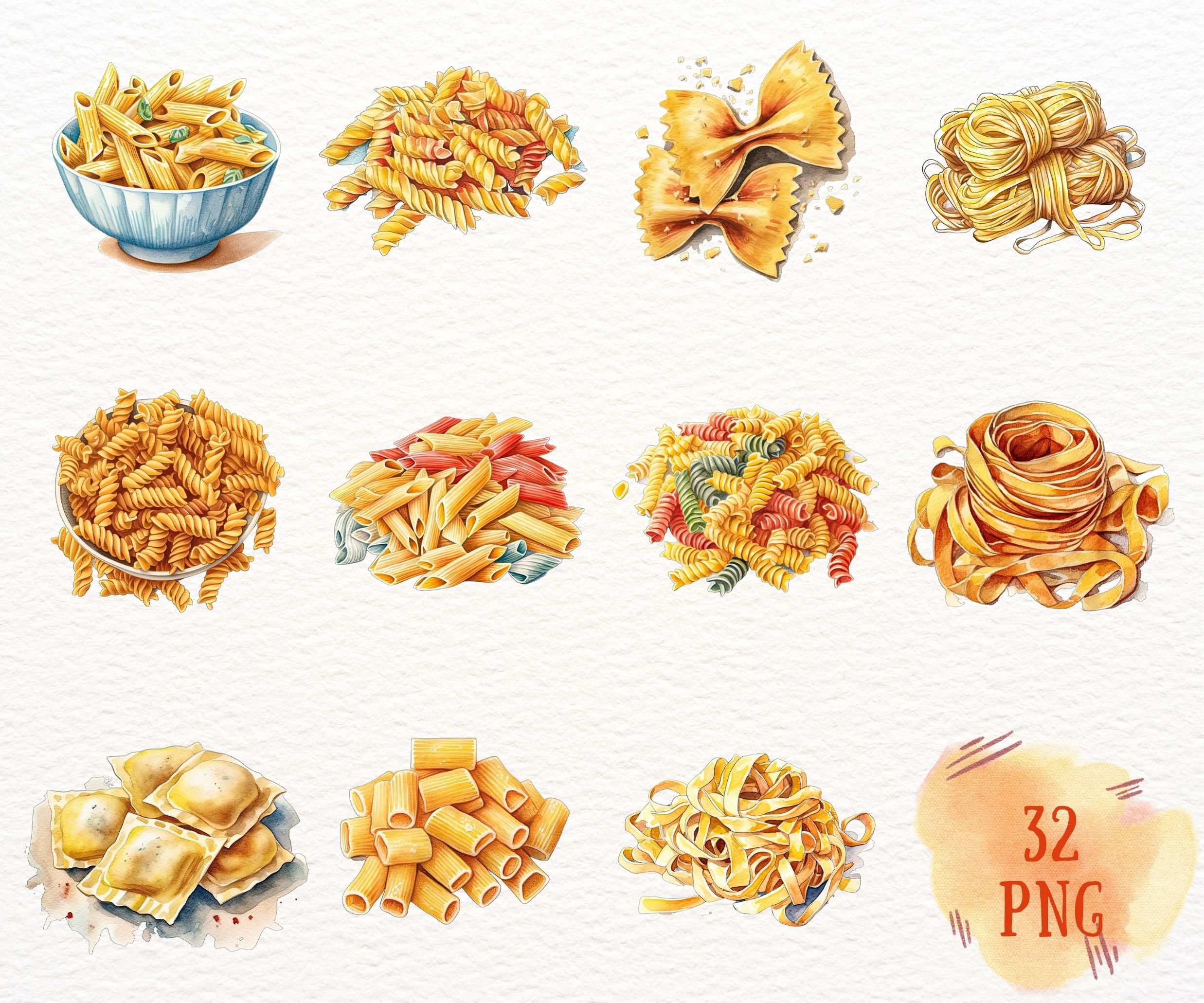 Pasta Watercolor Clipart, Pasta Machine, Ravioli, Penne Rigate, Fusilli ...