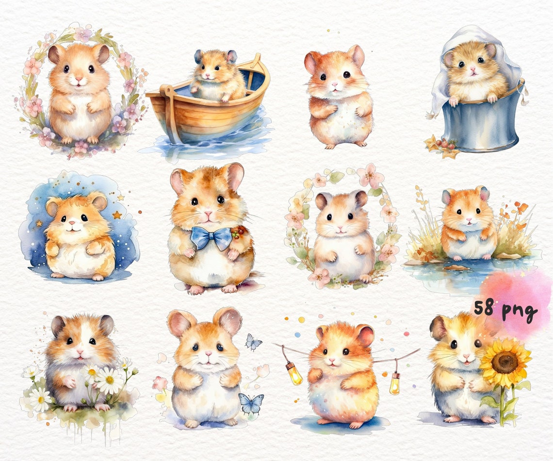 Chubby Hamsters Watercolor Clipart Cute Kawaii Cartoon - Etsy