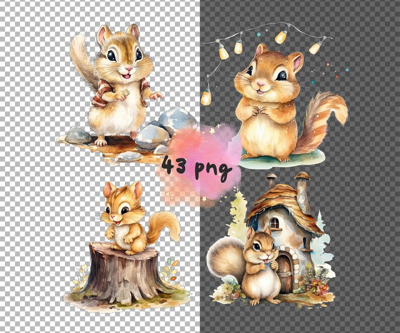 Chubby Chipmunk Watercolor Clipart Cute Kawaii Cartoon - Etsy