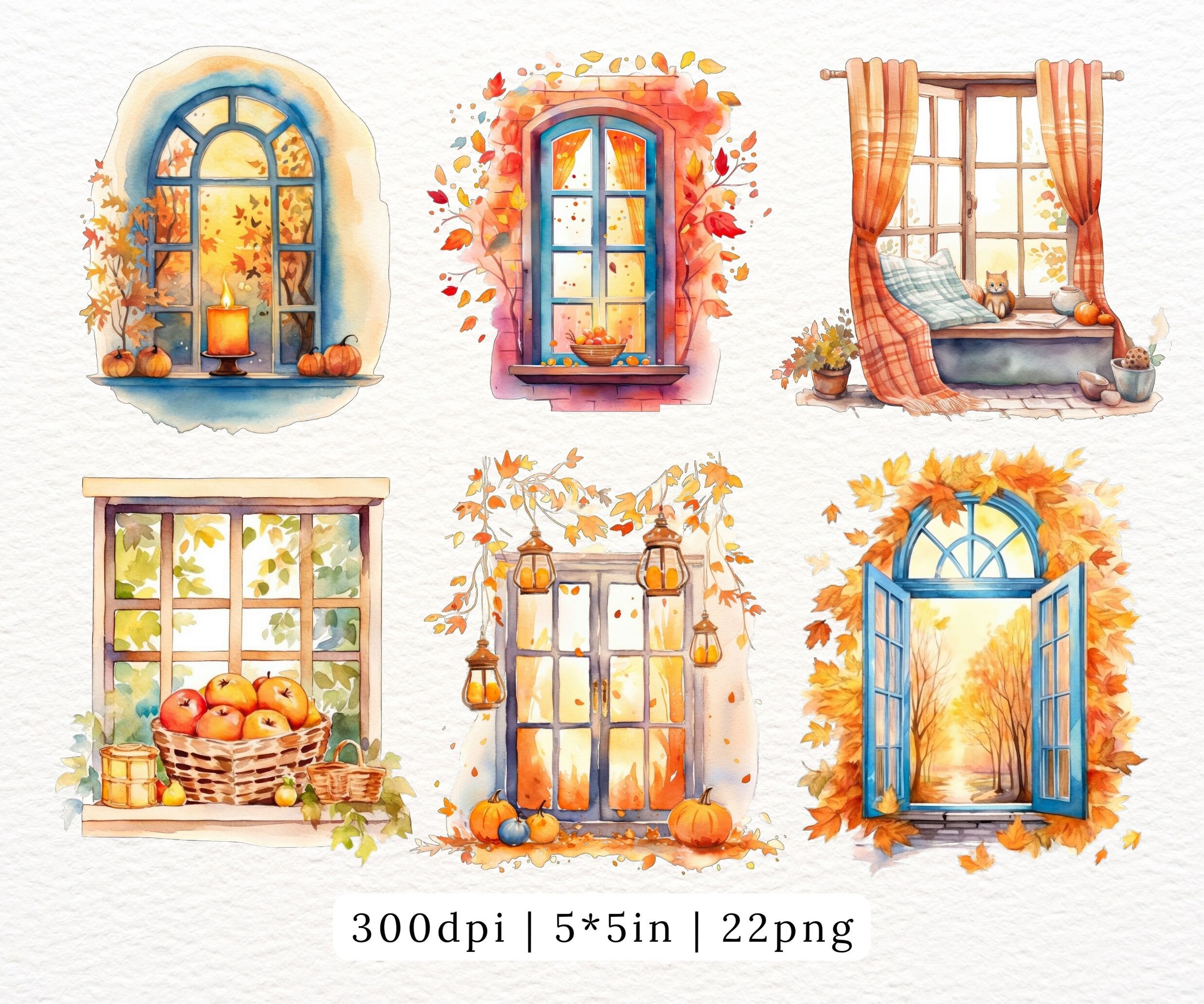 Watercolor Window Clipart-autumn Flowers and Leavescute Cozy - Etsy