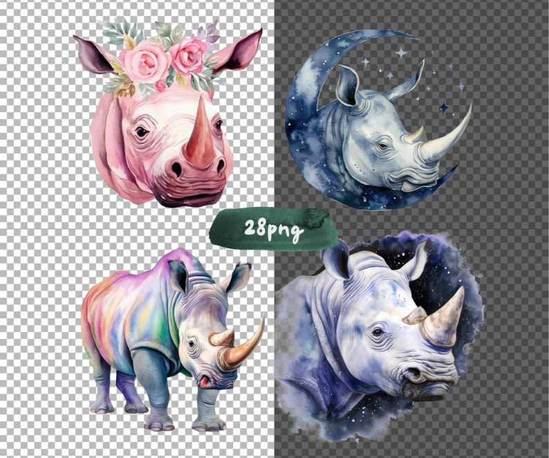 Rhinoceros Watercolor Clipart Bundle, Cute Baby Rhino PNG, Wild Safari ...