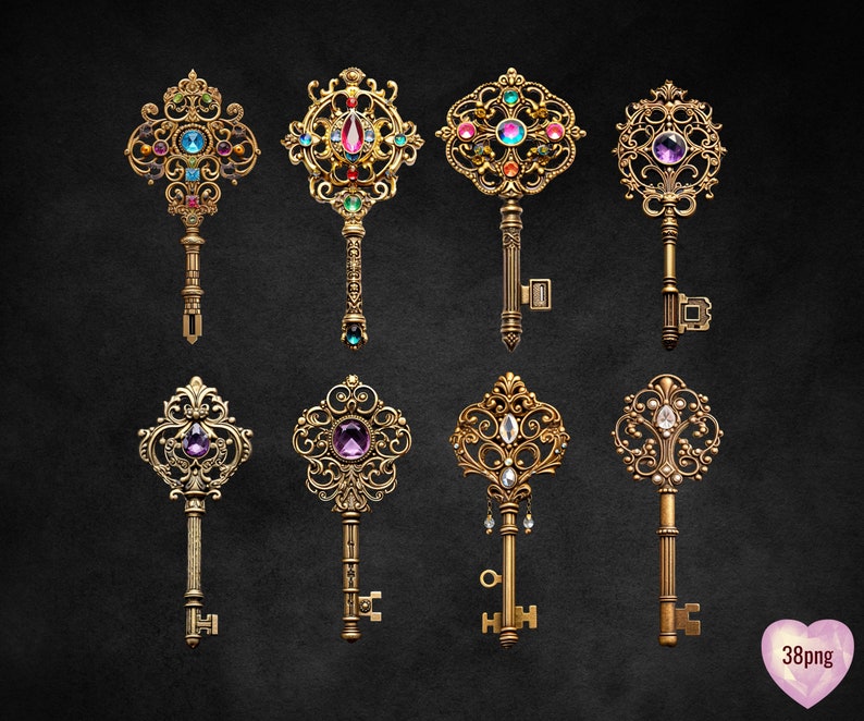 Metal Key Clipart, Vintage Victorian Engraved Metal Key With Gemstone ...