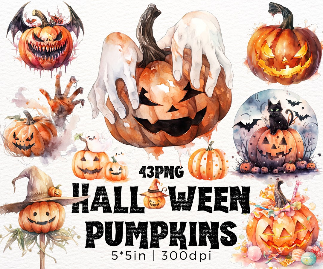 Halloween Pumpkin Clipart PNG Watercolor Jack O Lantern Ghost Cat Witch ...
