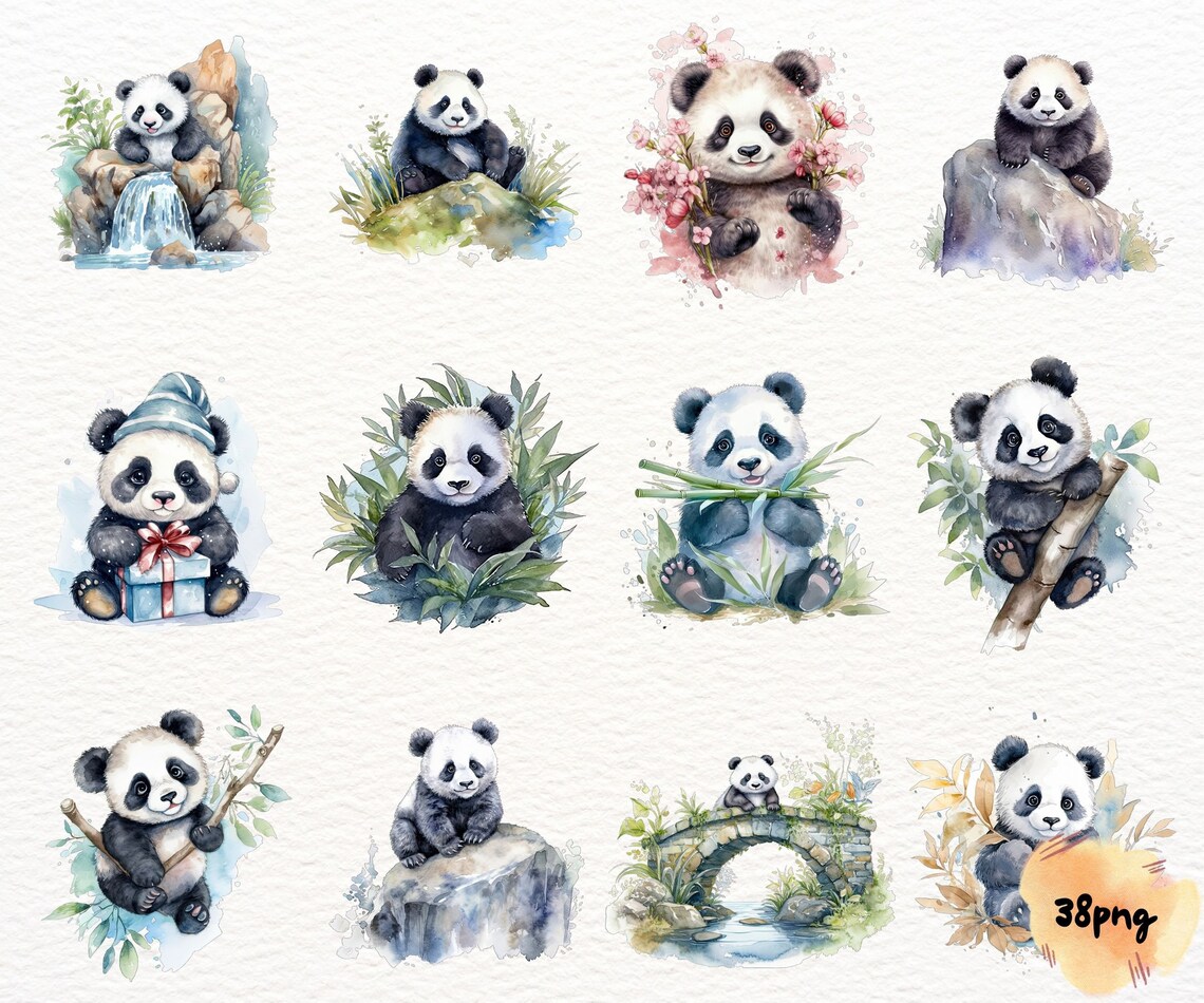 Chubby Pandas Watercolor Clipart Cute Kawaii Cartoon Pandas, Baby ...