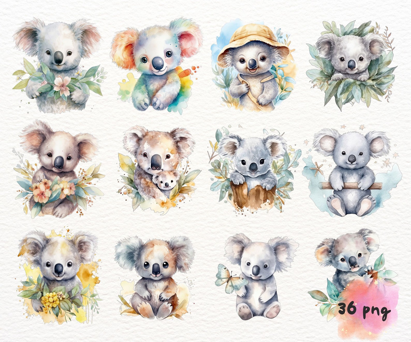 Chubby Koalas Watercolor Clipart - Cute Kawaii Cartoon Koalas, Baby ...