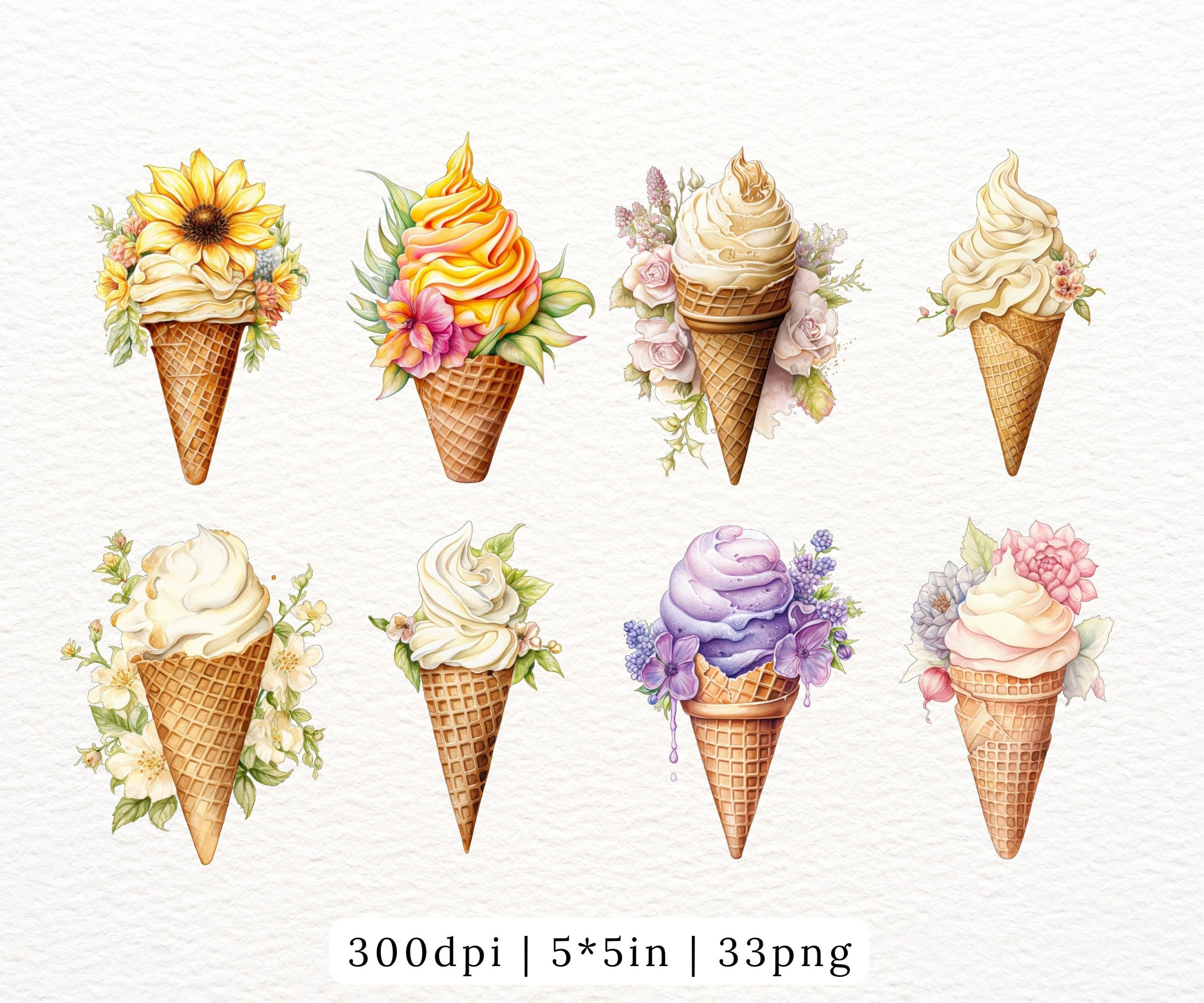 Watercolor Ice Cream Cone Clipart, Ice Cream With Flowers,plants,pastel ...