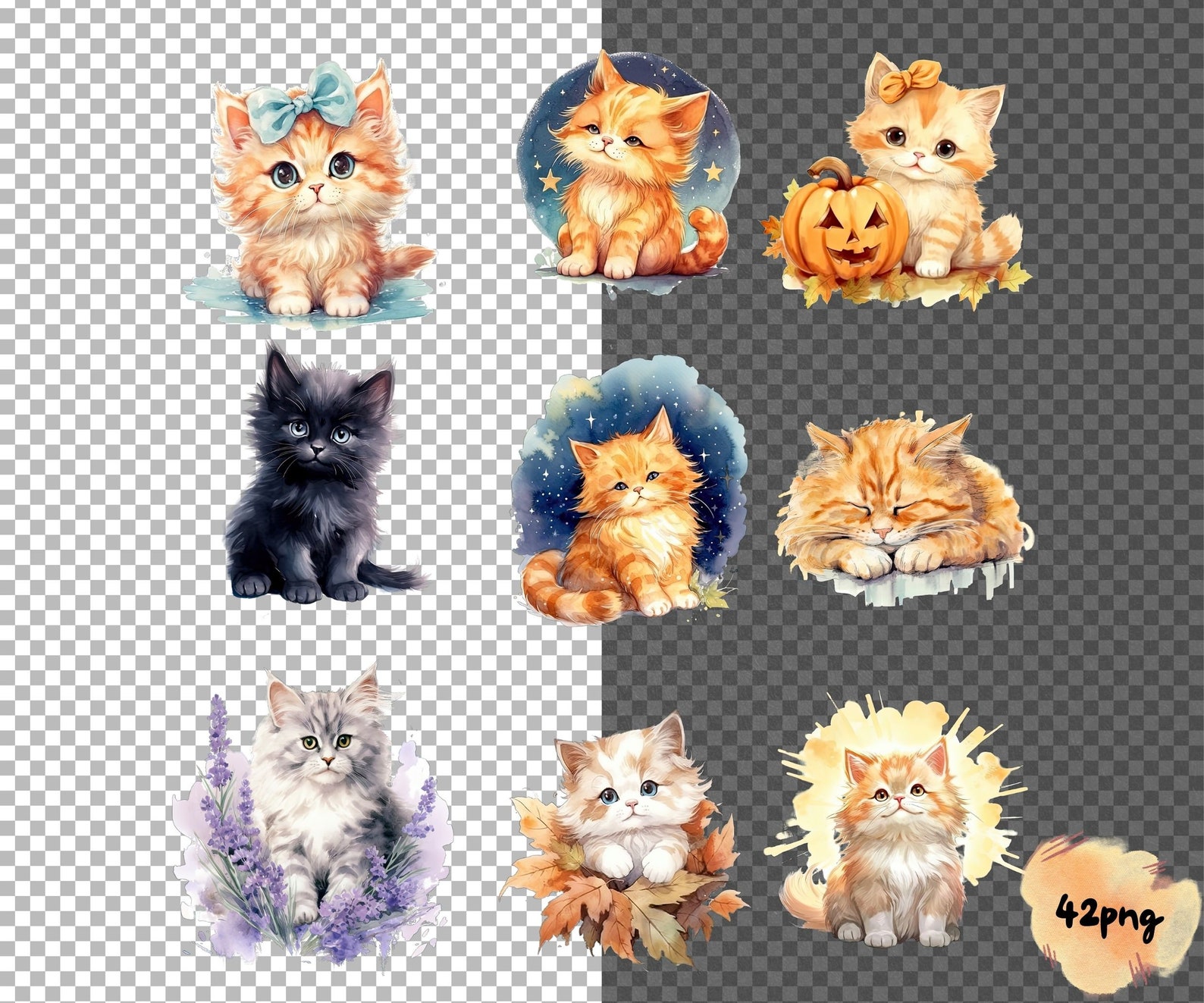 Chubby Kittens Watercolor Clipart Cute Kawaii Cartoon - Etsy