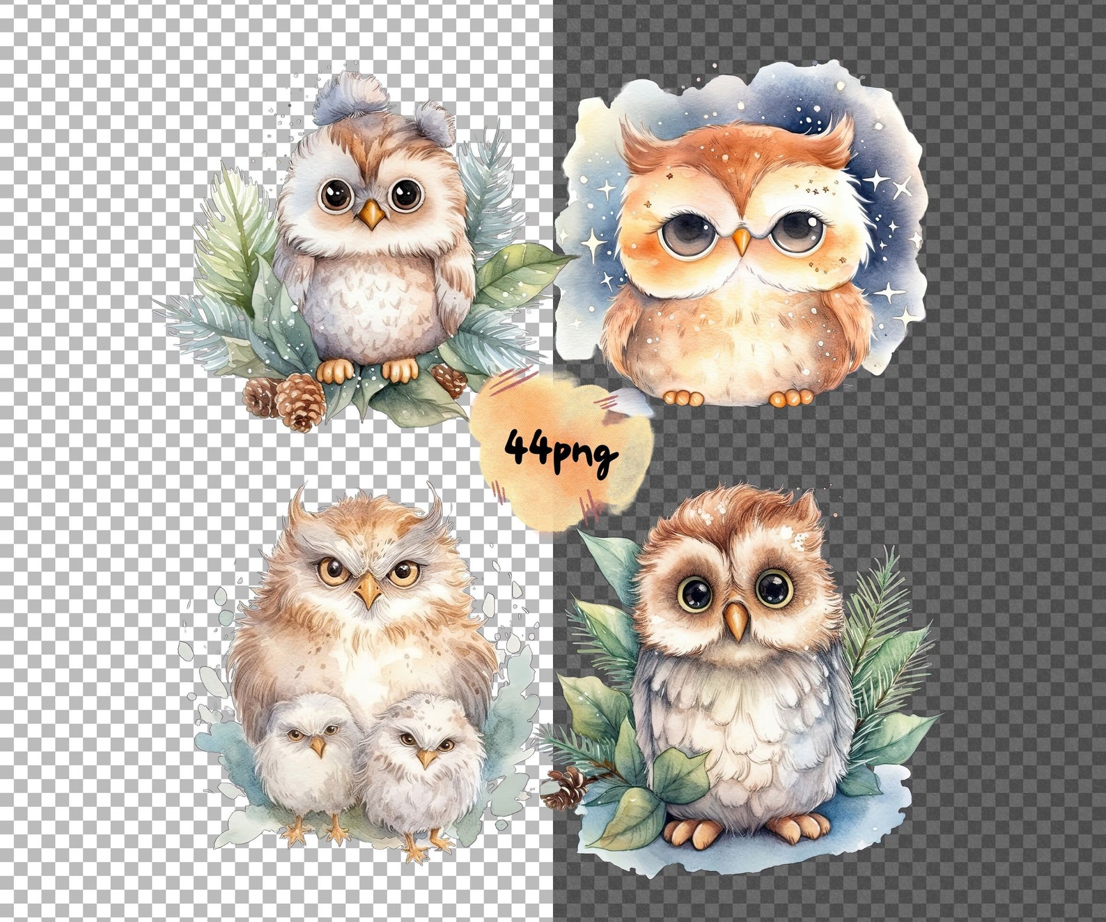 Chubby Owls Watercolor Clipart - Cute Kawaii Cartoon Owls, Baby Owls ...