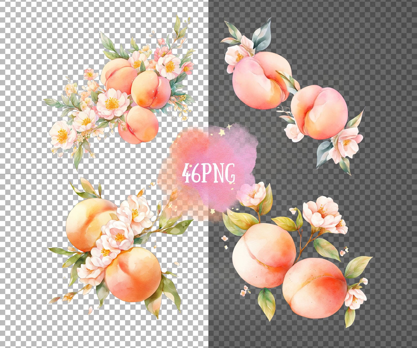 Peach Watercolor Clipart, Decorative Frame, Line, Leaf, Fruit, Divider ...