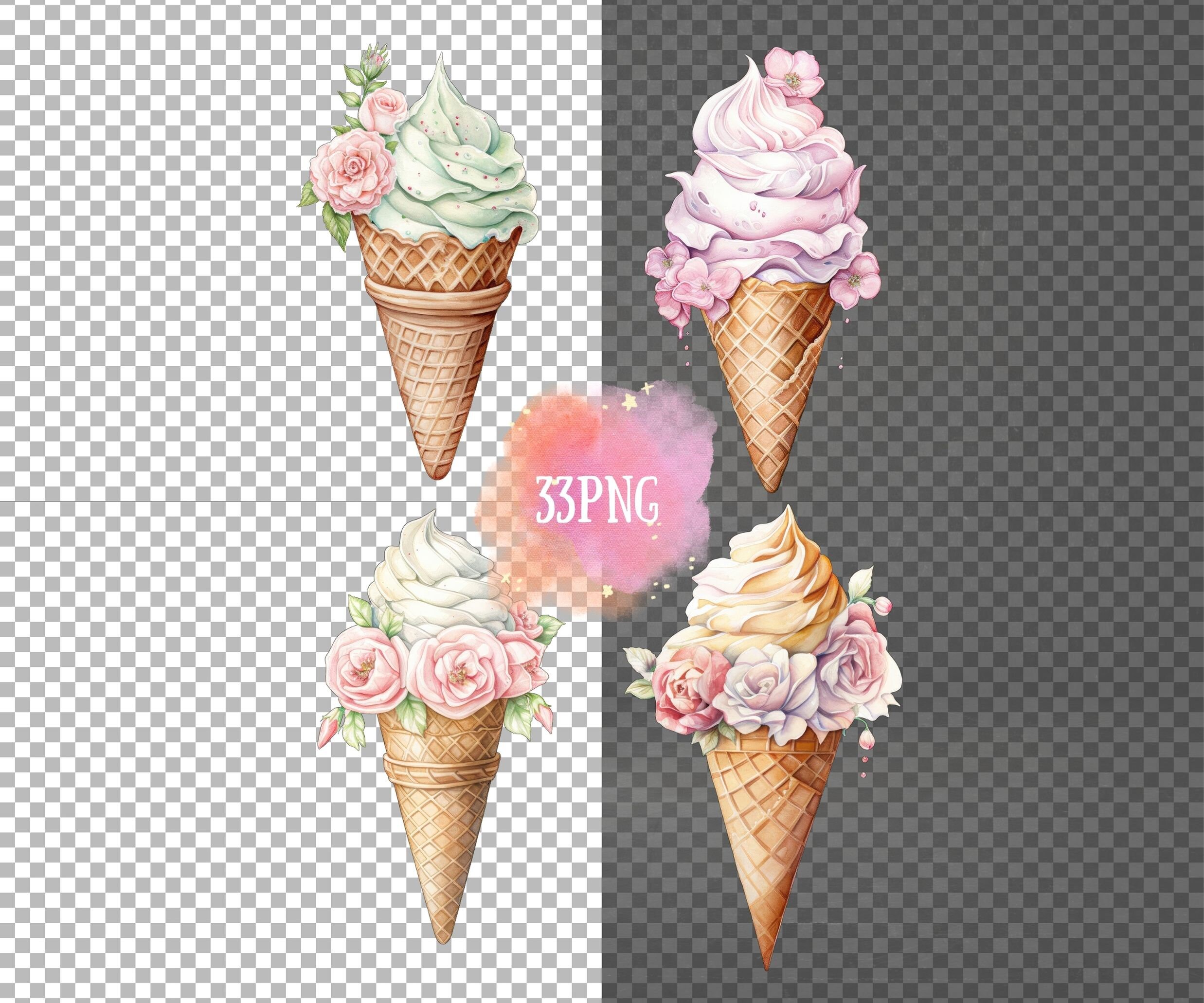 Watercolor Ice Cream Cone Clipart, Ice Cream With Flowers,plants,pastel ...