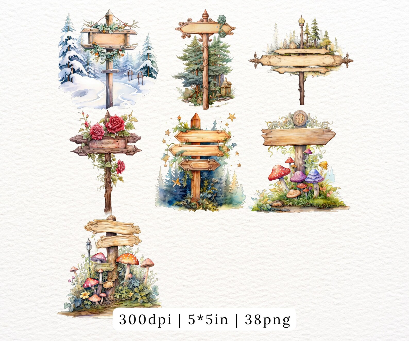 Watercolor Wooden Sign Clipart, Vintage Forest Magical Road Signs With ...