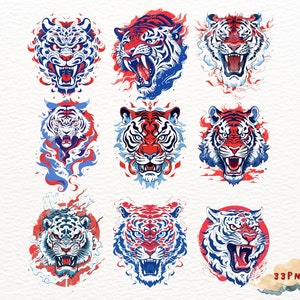 Chinese Porcelain Tiger Clipart, Red Blue Tiger Heads Png,vintage ...