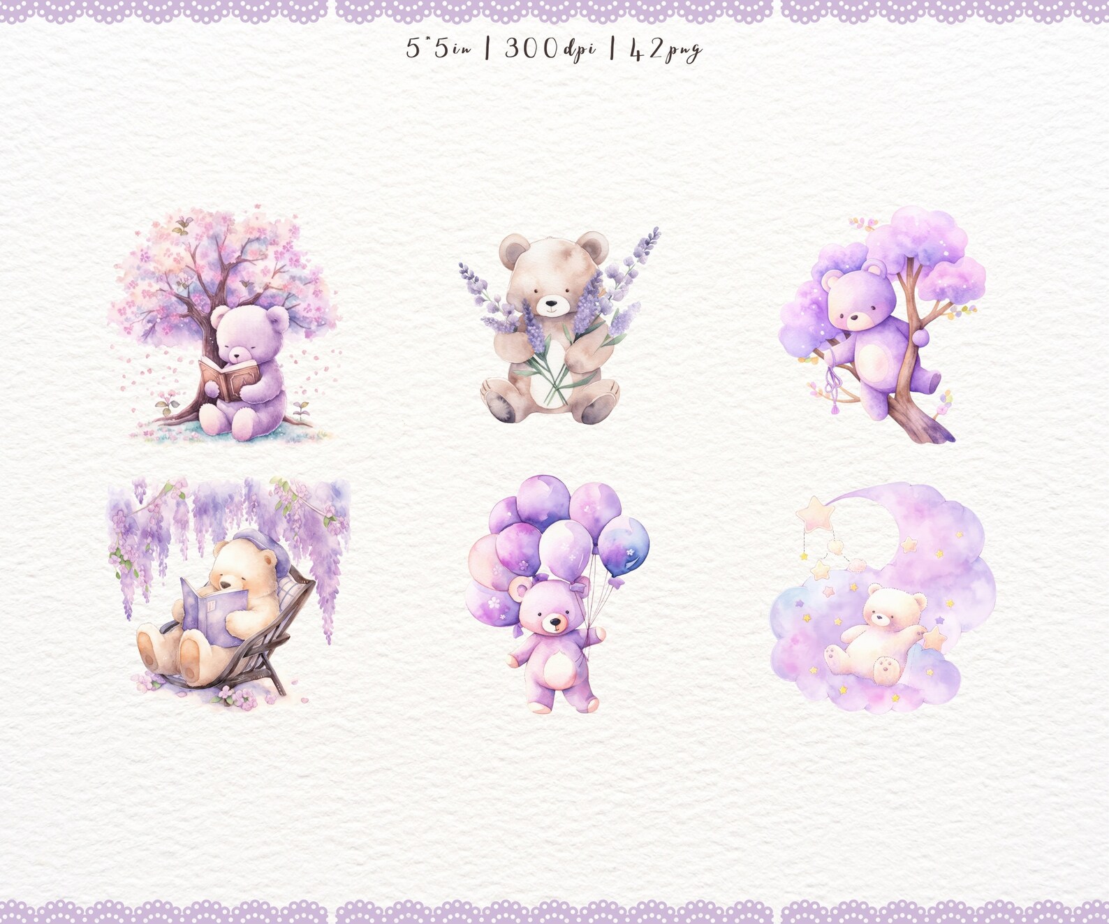 Purple Bear Clipart, Kawaii Cartoon Cuddly Bear, Watercolor Pastel Baby ...