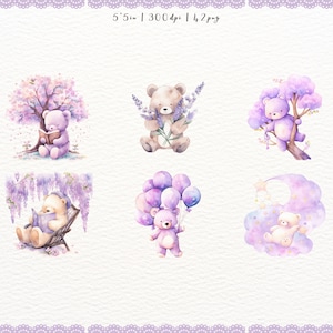 Purple Bear Clipart, Kawaii Cartoon Cuddly Bear, Watercolor Pastel Baby ...