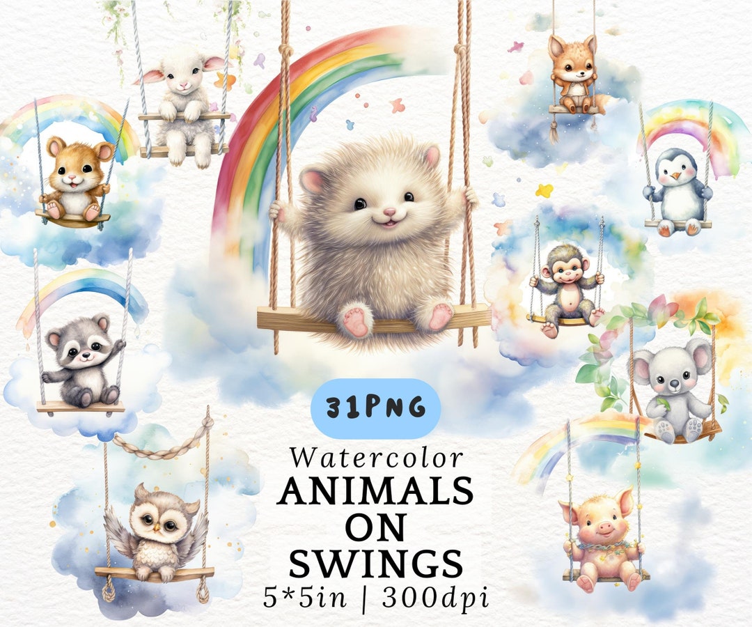 Watercolor Baby Animals on Swings PNG - Cute Nursery Animal Clipart ...