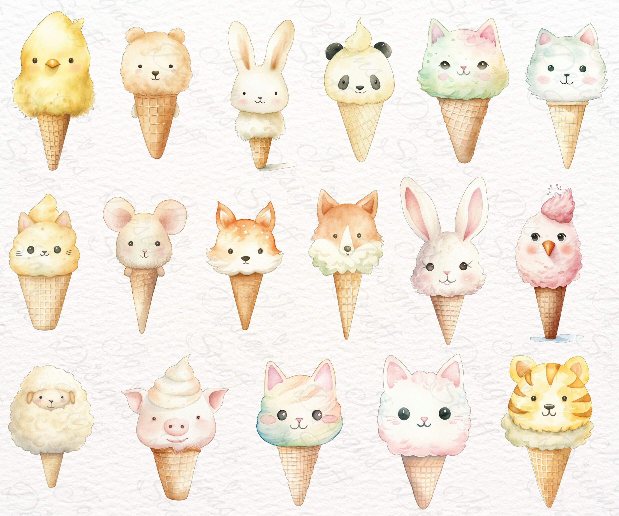 Watercolor Ice Cream Cone Clipart, Pastel Colors,chubby Funny Cartoon ...