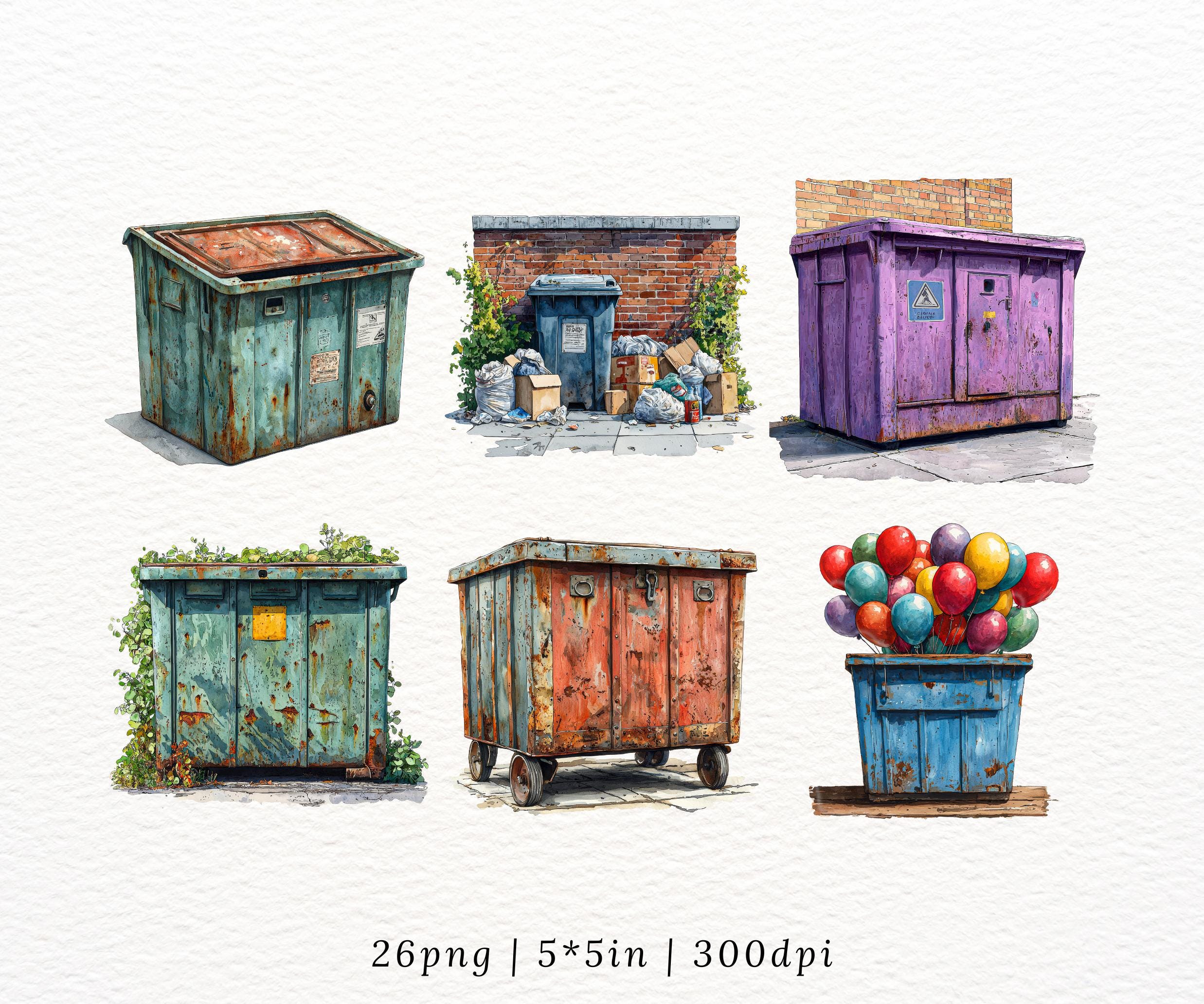 Rusty Dumpster PNG Clipart， Watercolor Trash Bins With Grunge Texture ...