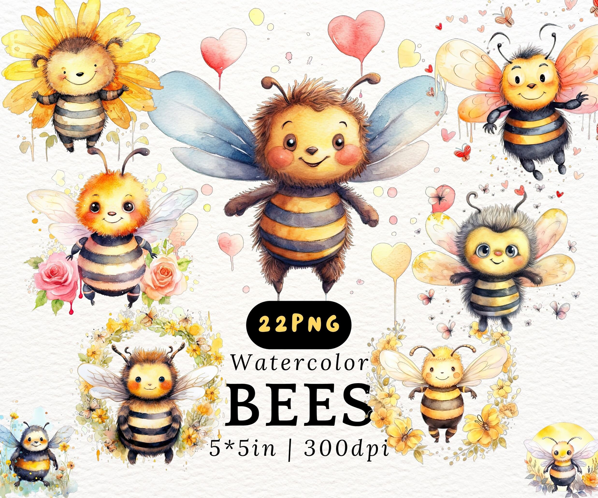 Chubby Bees Watercolor Clipart Cute Kawaii Cartoon Bees, Baby Bees Pngs ...