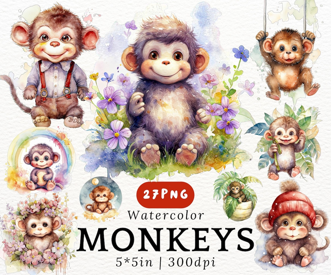 Chubby Monkeys Watercolor Clipart - Cute Kawaii Cartoon Monkeys, Baby ...