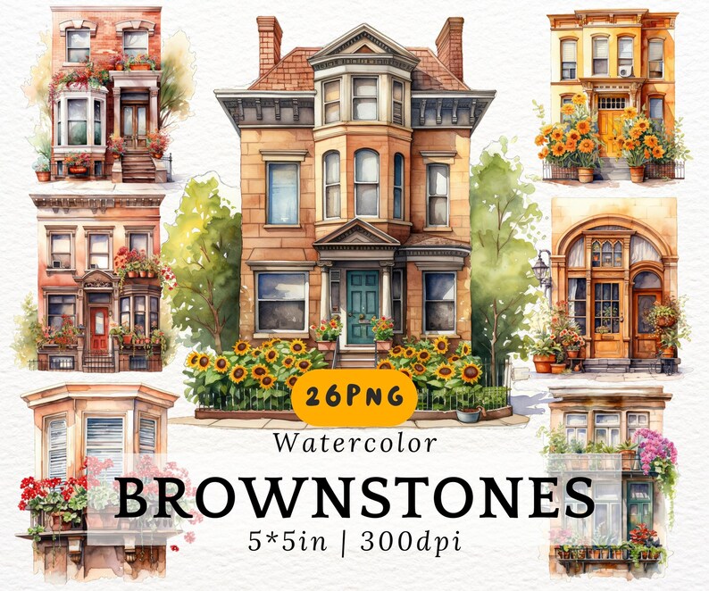 Watercolor Townhouse Clipart, Flowers and Plants, Cute Cozy Classic ...