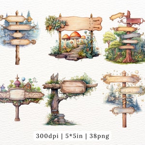 Watercolor Wooden Sign Clipart, Vintage Forest Magical Road Signs With ...