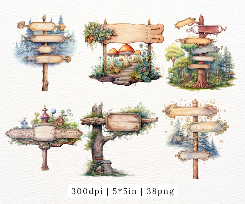 Watercolor Wooden Sign Clipart, Vintage Forest Magical Road Signs With ...