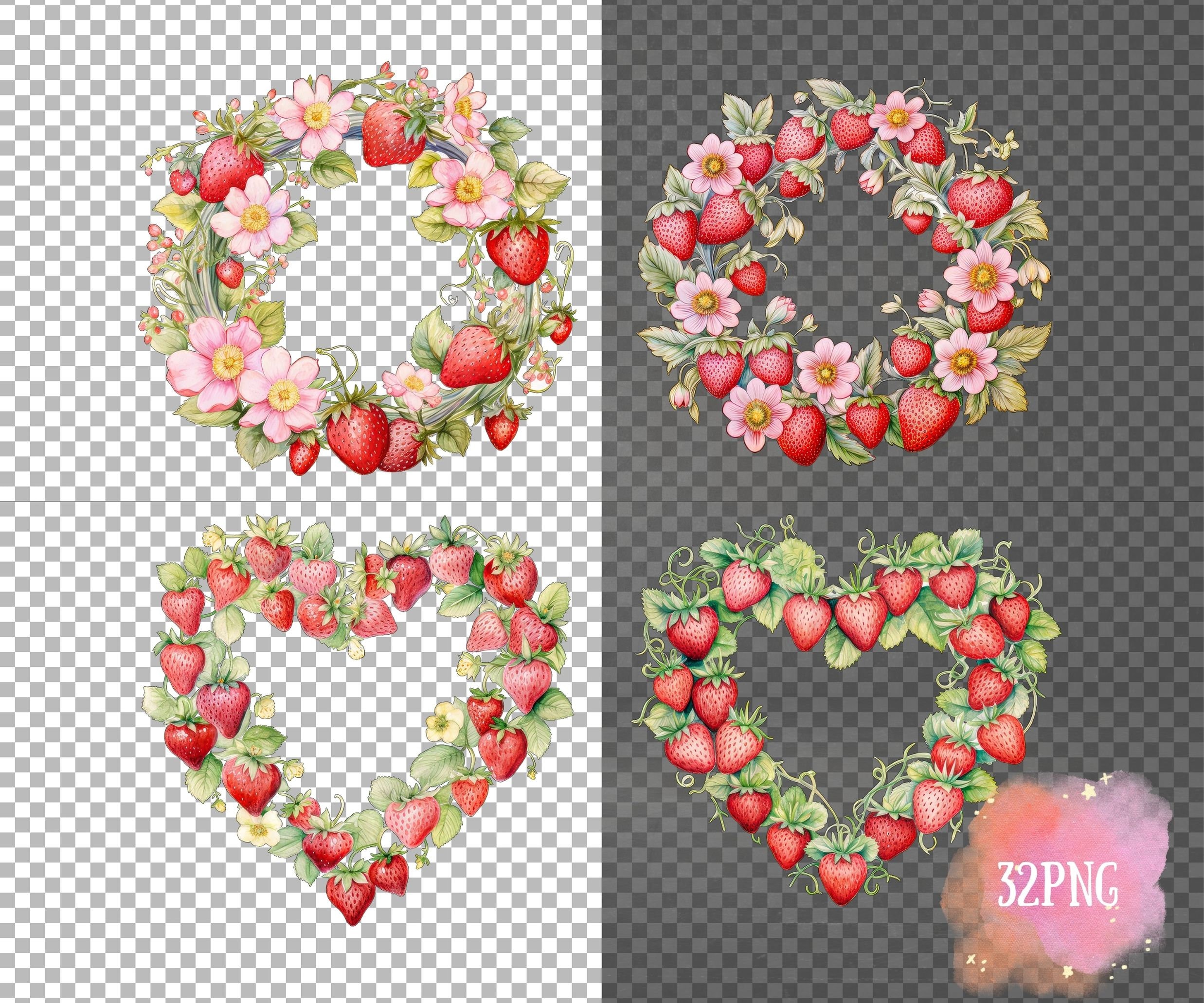Strawberry Watercolor Clipart, Decorative Frame, Line, Leaf, Fruit ...