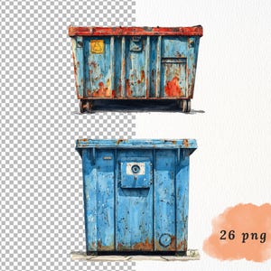 Rusty Dumpster PNG Clipart， Watercolor Trash Bins With Grunge Texture ...