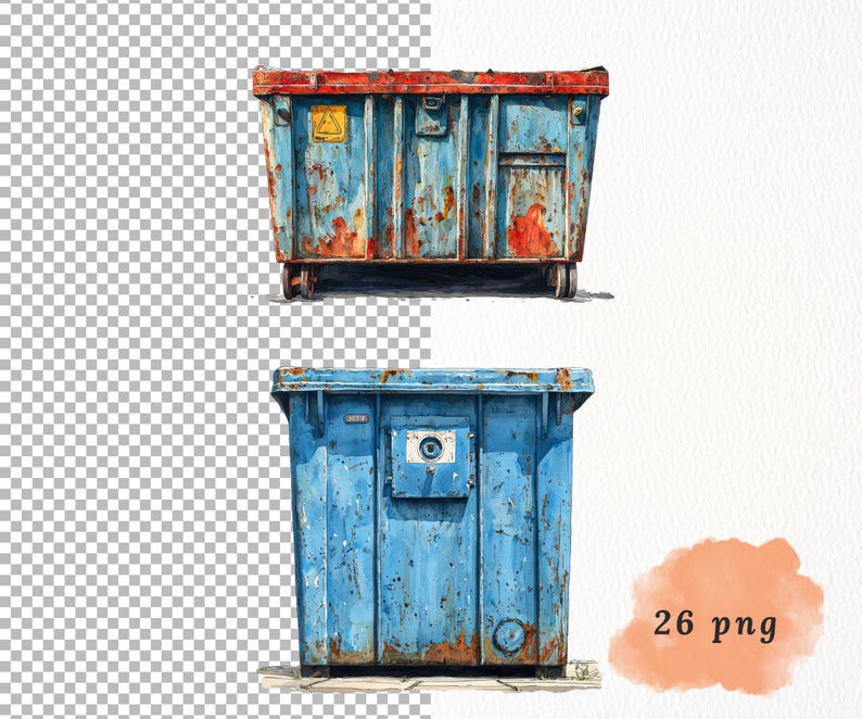 Rusty Dumpster PNG Clipart， Watercolor Trash Bins With Grunge Texture ...