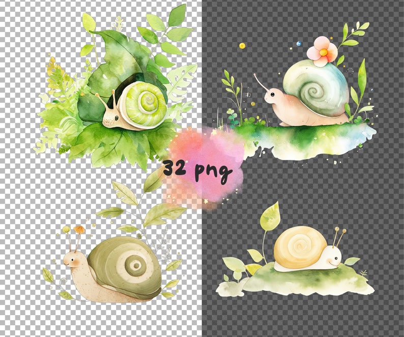 Cartoon Snails Watercolor Clipart Cute Kawaii Chubby Snails, Adorable ...