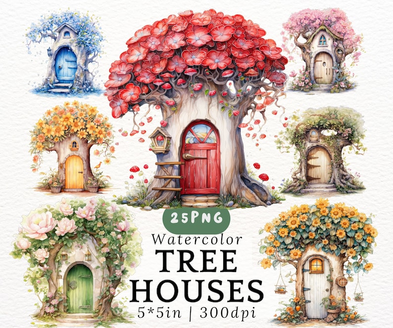 Whimsical Tree House Clipart - Watercolor Fairy Houses PNG for Kids ...