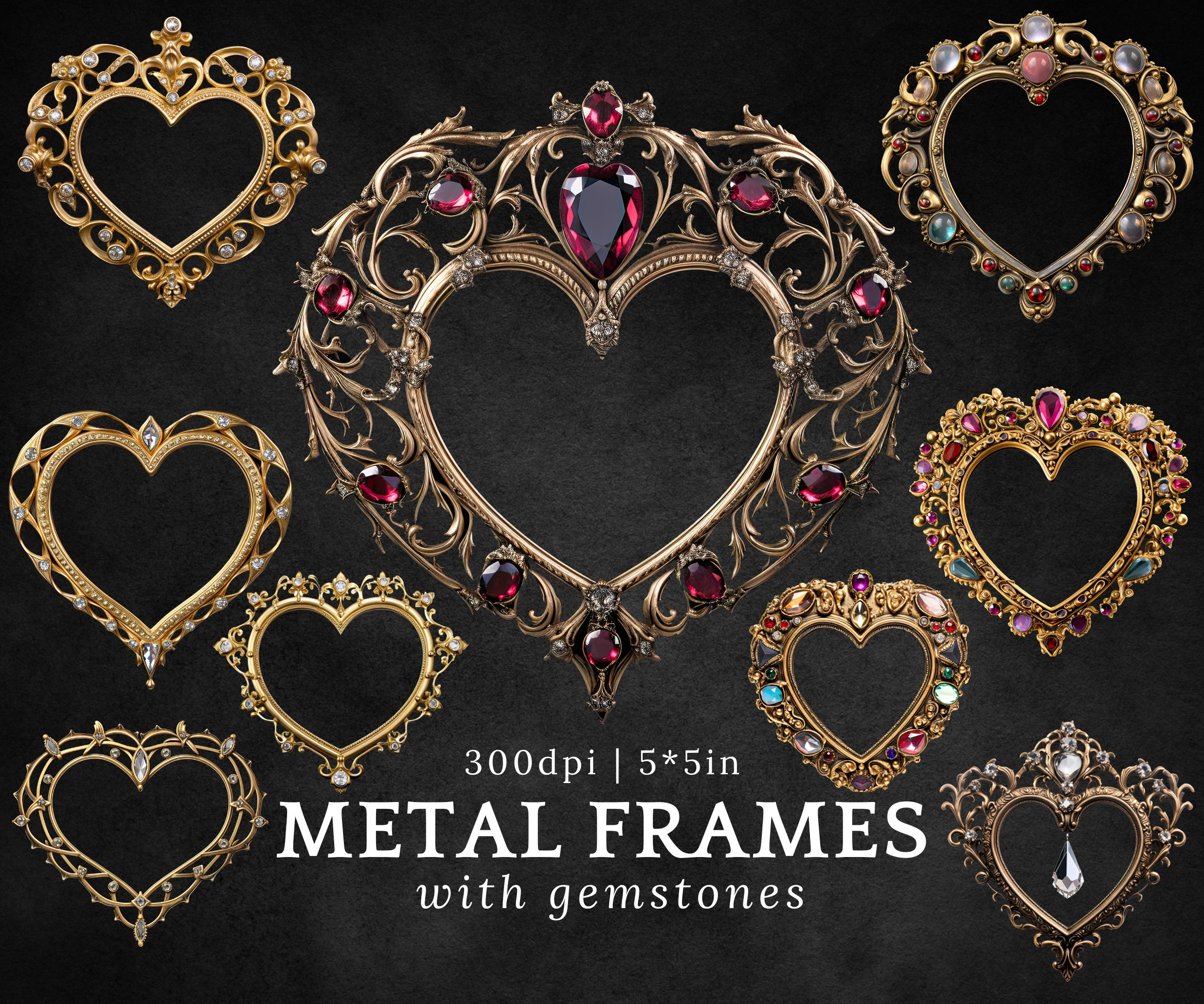 Metal Frame Clipart, Heart Shaped Victorian Frames With Gemstones Png ...