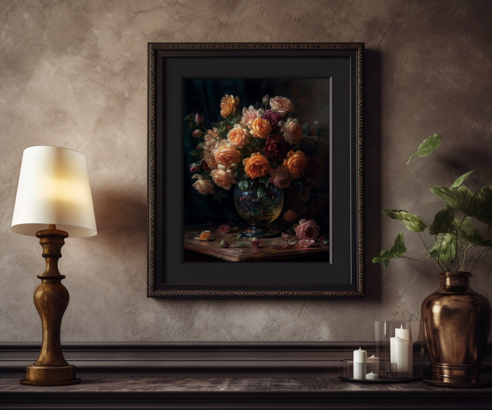 Rose Oil Paintings, Vintage Roses Wall Art Print, Roses With Glass Vase ...