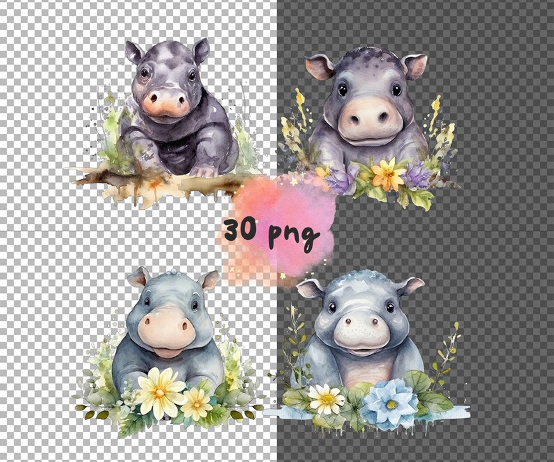 Chubby Hippos Watercolor Clipart Cute Kawaii Cartoon Hippos, Baby ...