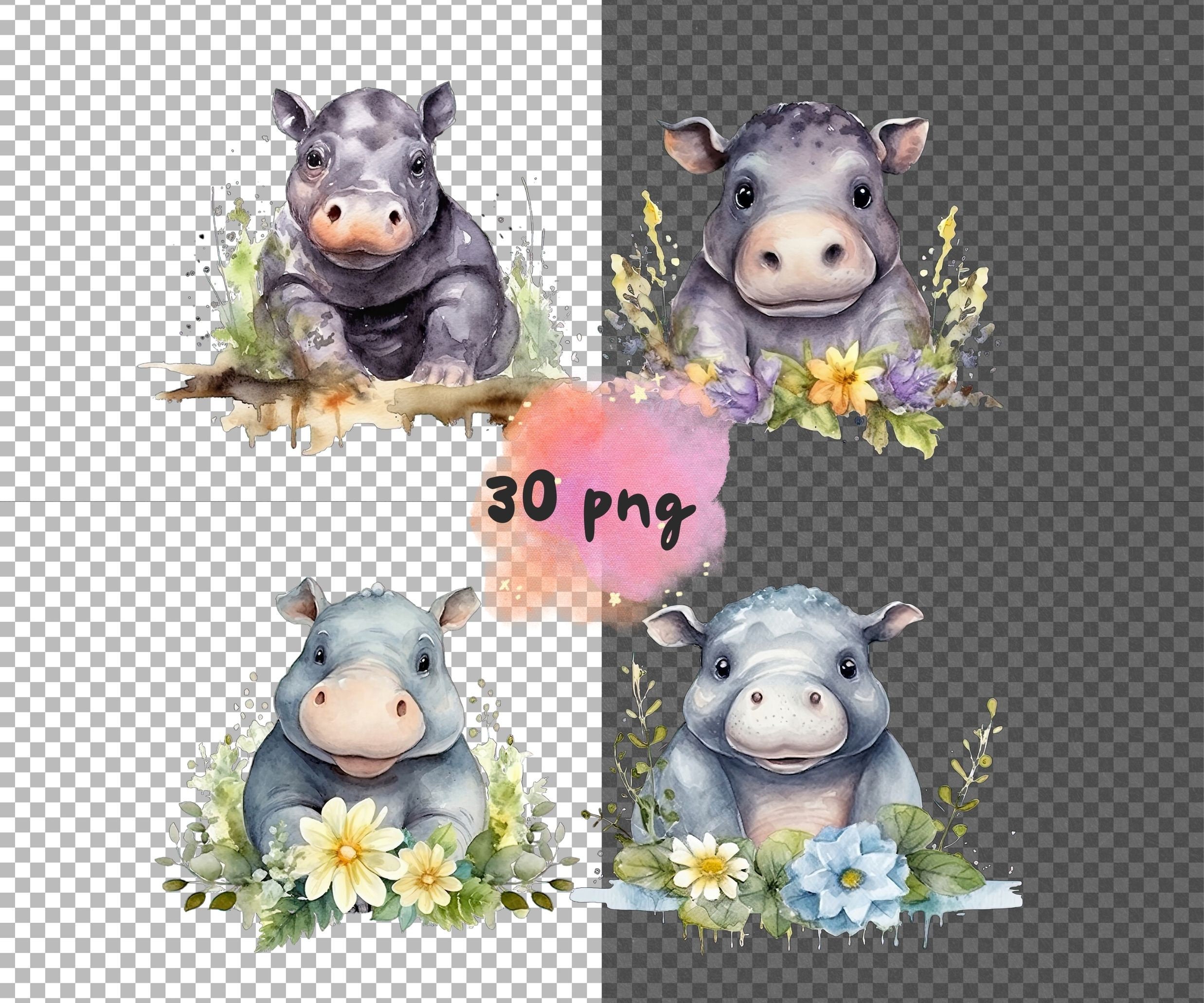 Chubby Hippos Watercolor Clipart Cute Kawaii Cartoon Hippos, Baby ...