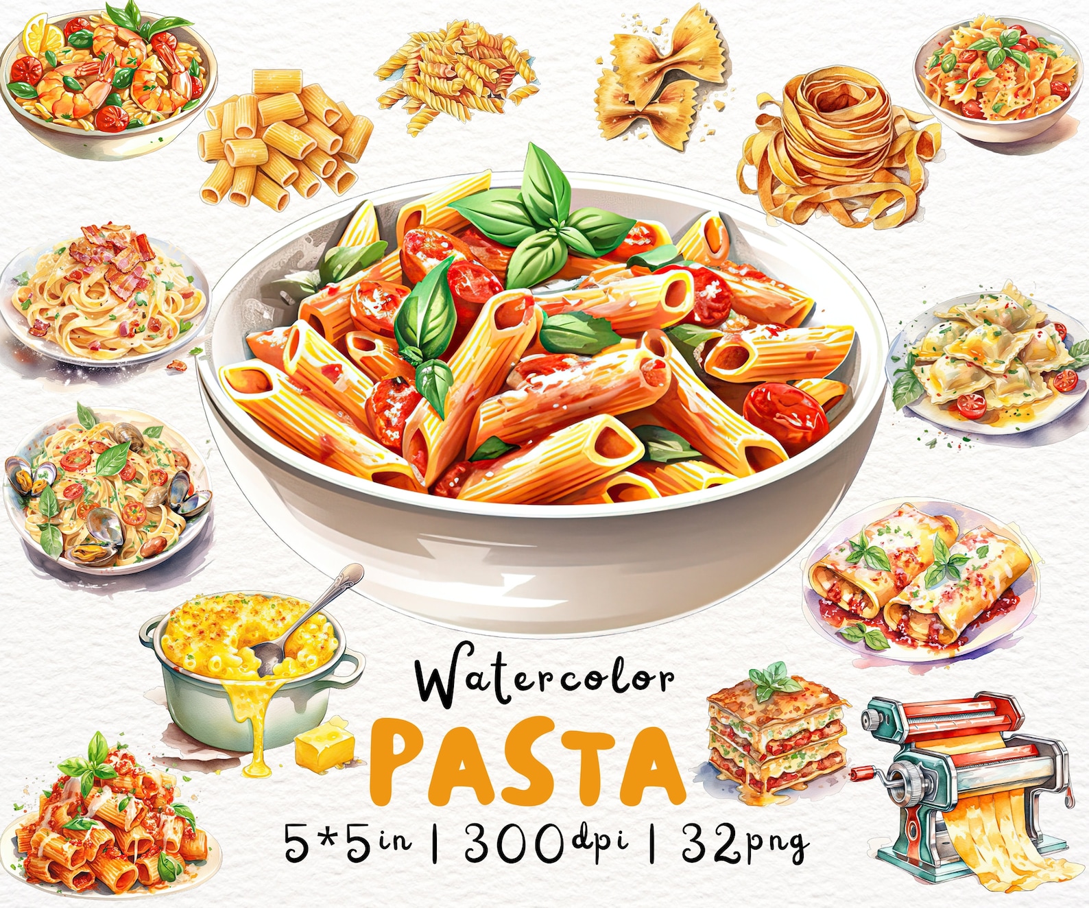 Pasta Watercolor Clipart, Pasta Machine, Ravioli, Penne Rigate, Fusilli ...