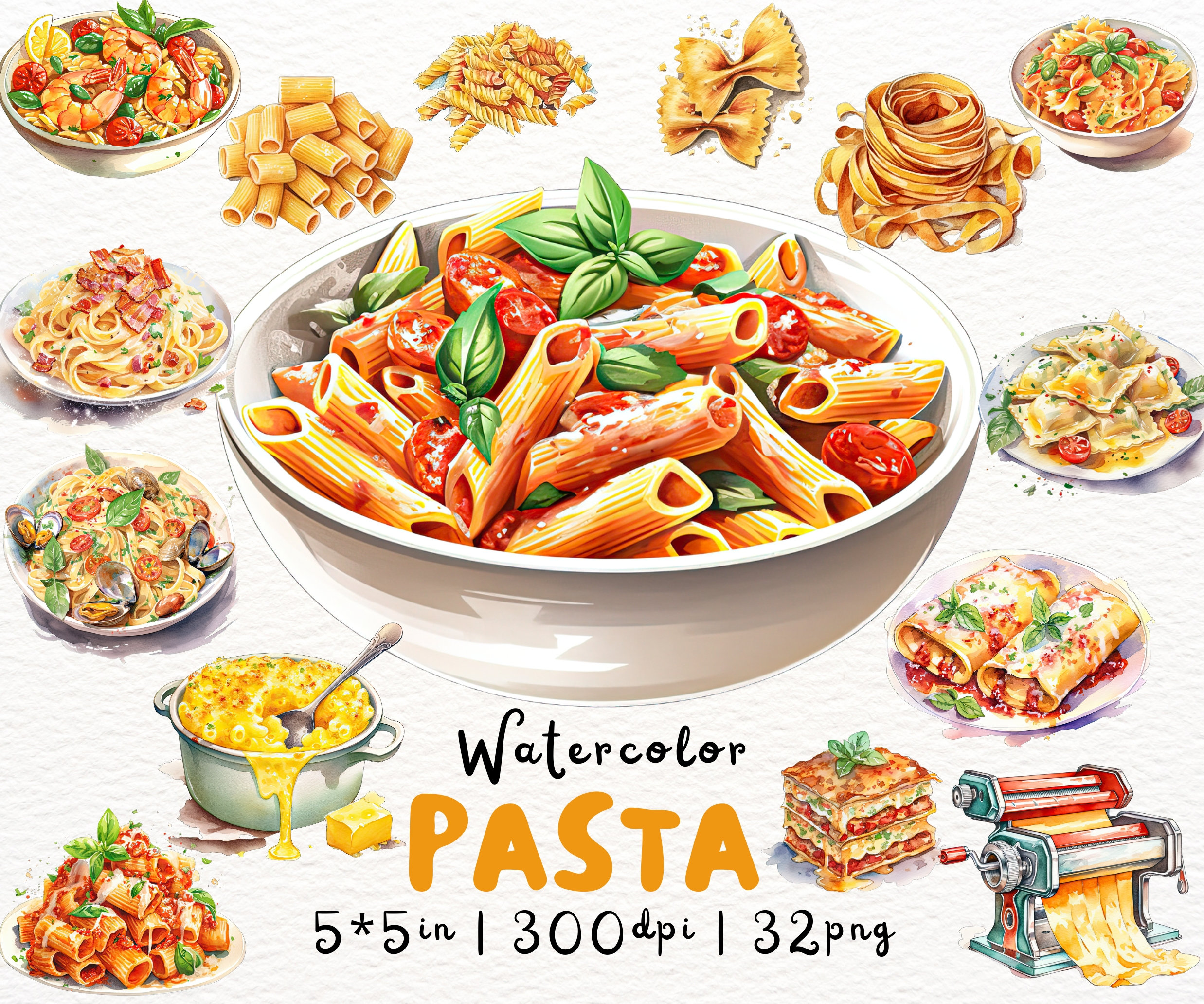 Pasta Watercolor Clipart, Pasta Machine, Ravioli, Penne Rigate, Fusilli ...