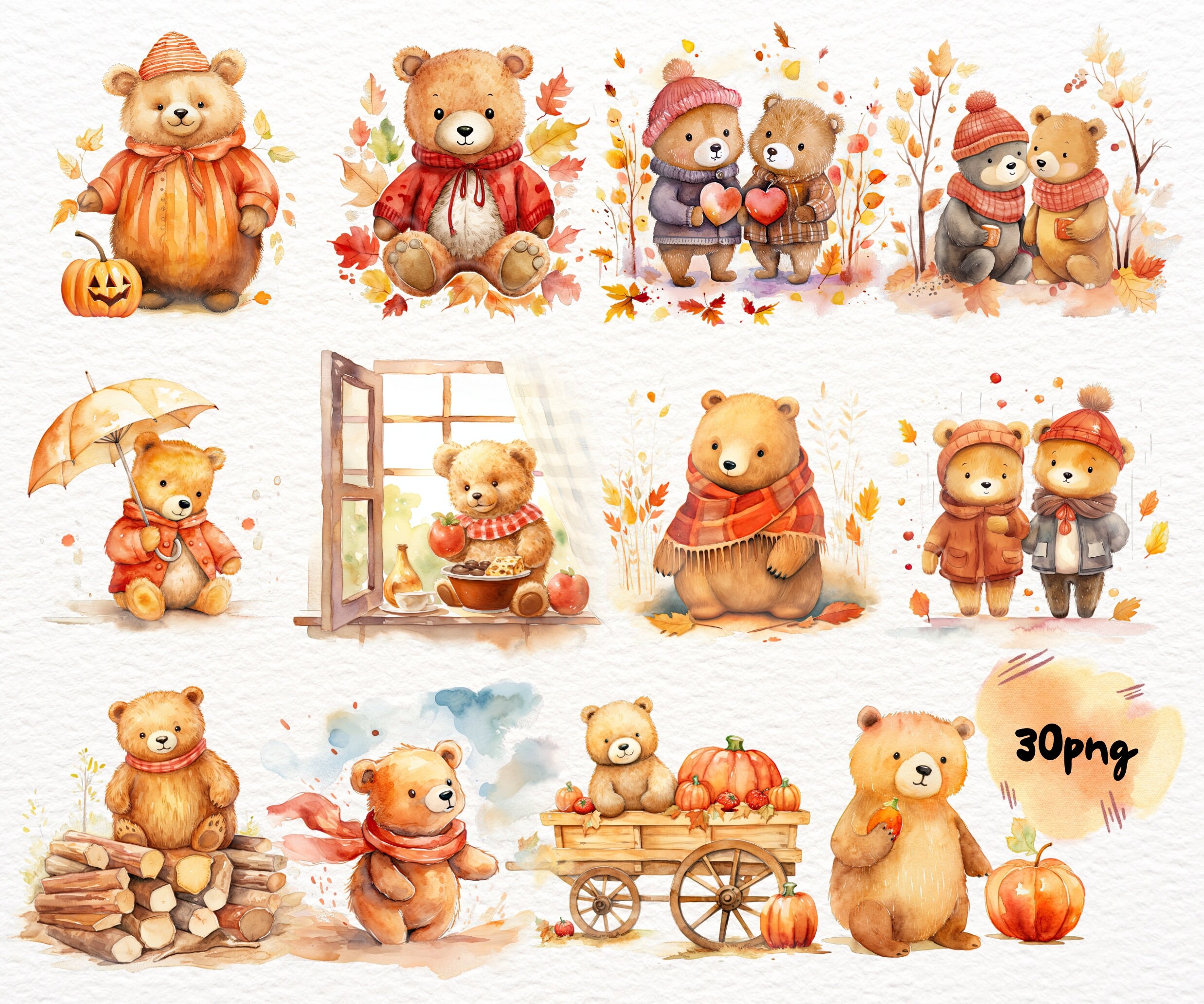 Autumn Bear Clipart, Kawaii Cartoon Cuddly Bear With Fall Leaves, Cute ...