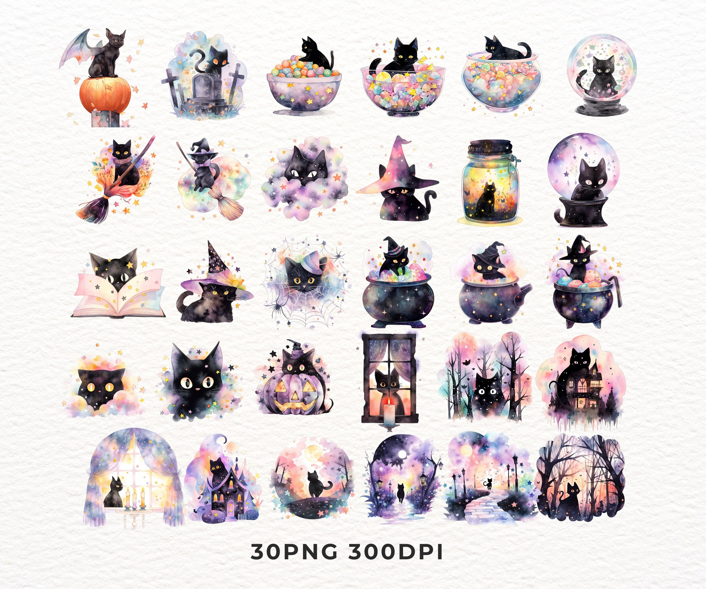 Magical Witch Cat Clipart, Watercolor Cat Png, Black Cat Clipart, Pink ...