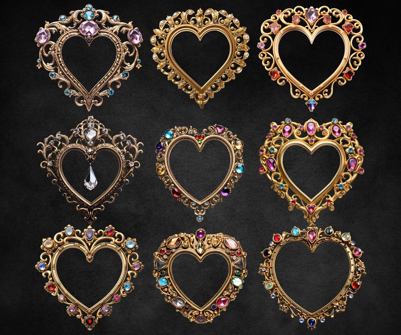 Metal Frame Clipart, Heart Shaped Victorian Frames With Gemstones Png ...