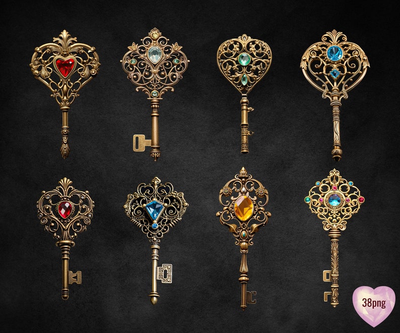 Metal Key Clipart, Vintage Victorian Engraved Metal Key With Gemstone ...