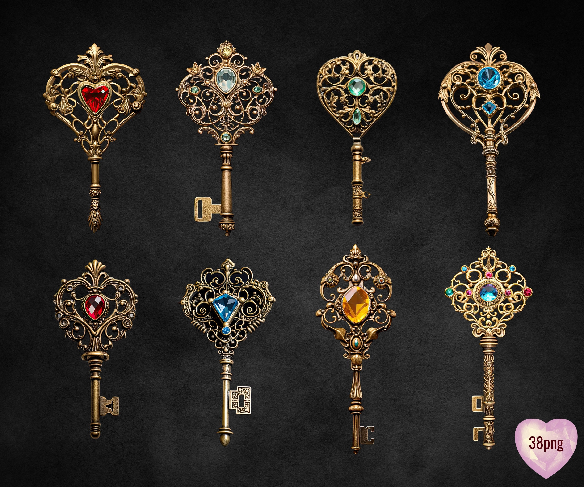 Metal Key Clipart, Vintage Victorian Engraved Metal Key With Gemstone ...