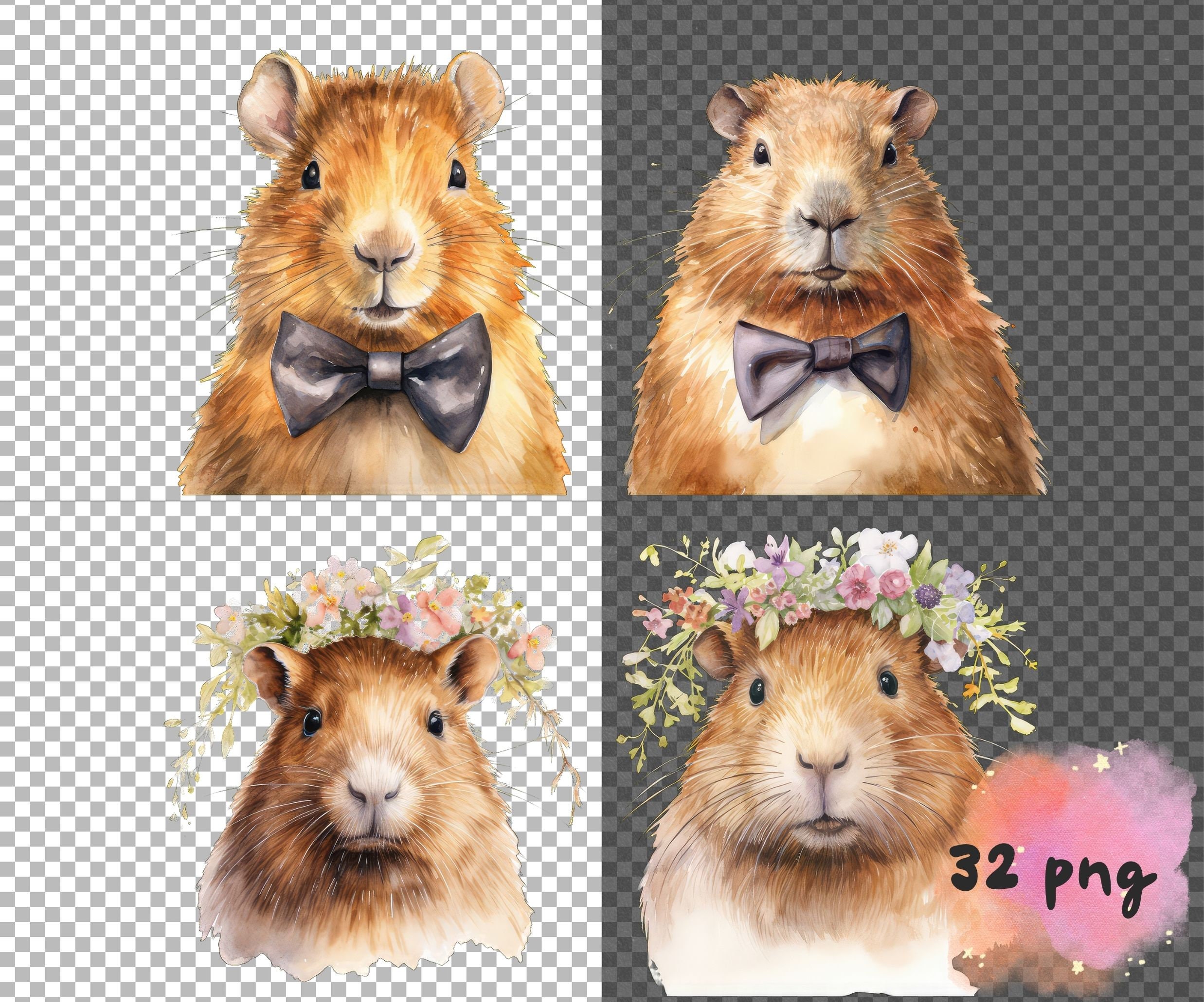 Chubby Capybaras Watercolor Clipart Cute Kawaii Cartoon Capybaras, Baby ...