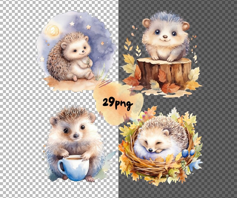 Chubby Hedgehogs Watercolor Clipart - Cute Kawaii Cartoon Hedgehogs ...
