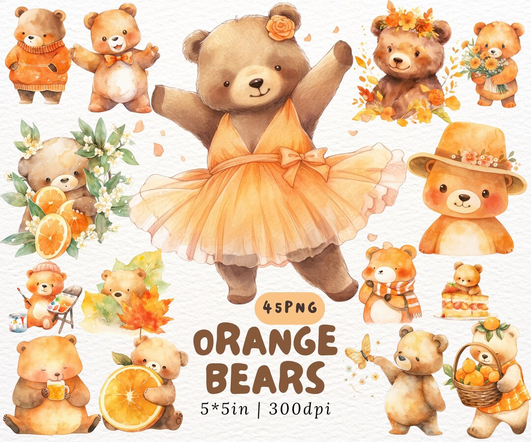 Orange Bear Clipart,kawaii Cartoon Cuddly Bear,pastel Baby Bears With ...
